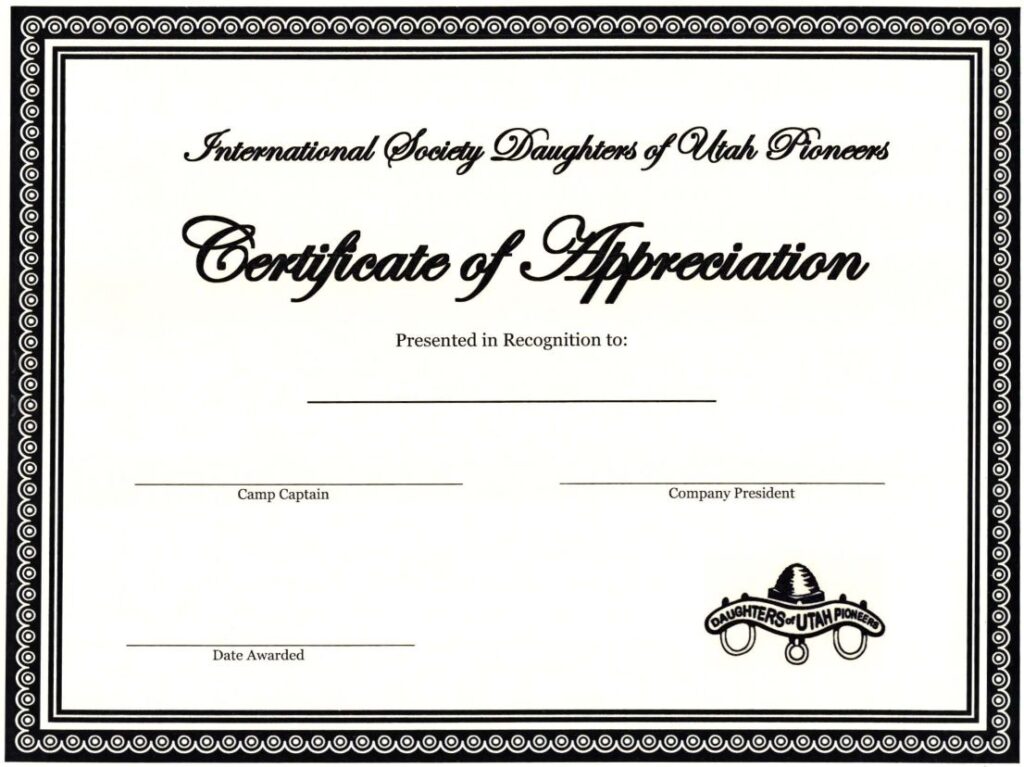 Certificate of Appreciation – Daughters of Utah Pioneers